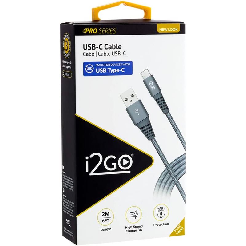 Cabo USB-C i2GO Pro 2m 3A Nylon Trançado Chumbo - Grid Motors