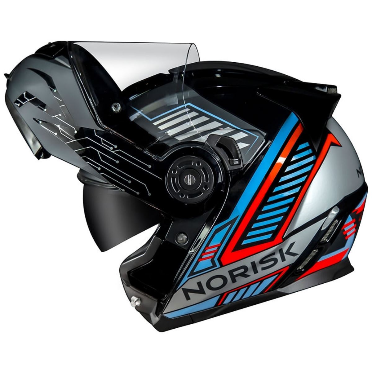 Capacete Norisk Route FF345 Charge - Preto/Prata/Azul (Articulado) - Grid Motors